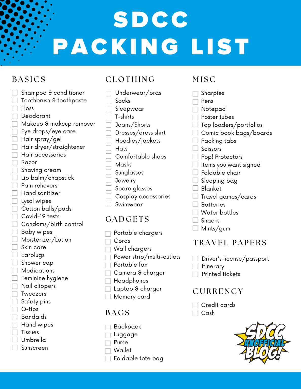 Packing List for San Diego Comic-Con - San Diego Comic-Con Unofficial Blog